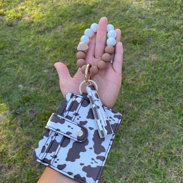 Cow Print Beaded Wristlet Keychain| Cow Print Silicone Bead Bangle ...