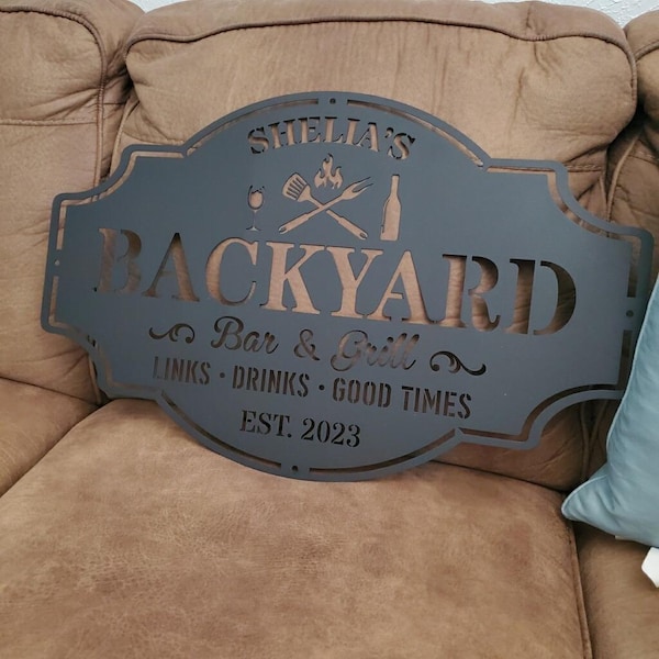 Personalized Backyard Bar & Grill Sign - Custom Metal Outdoor Kitchen ...