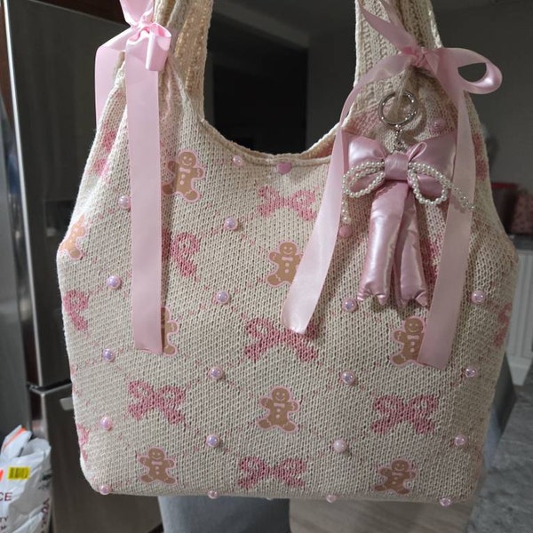 Pink Bow Crochet Shoulder Tote Bag - Etsy