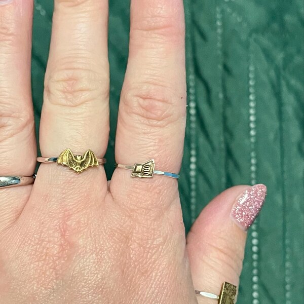 Book Charm Ring, Literary Ring, Silver Stack Ring, Unique Book Ring ...