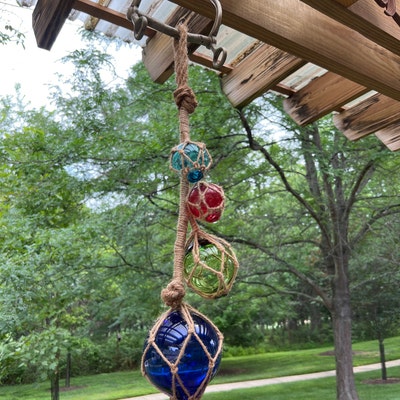 4 Glass Fishing Floats on Rope Fish Net Buoy Ball Nautical Beach Decor ...