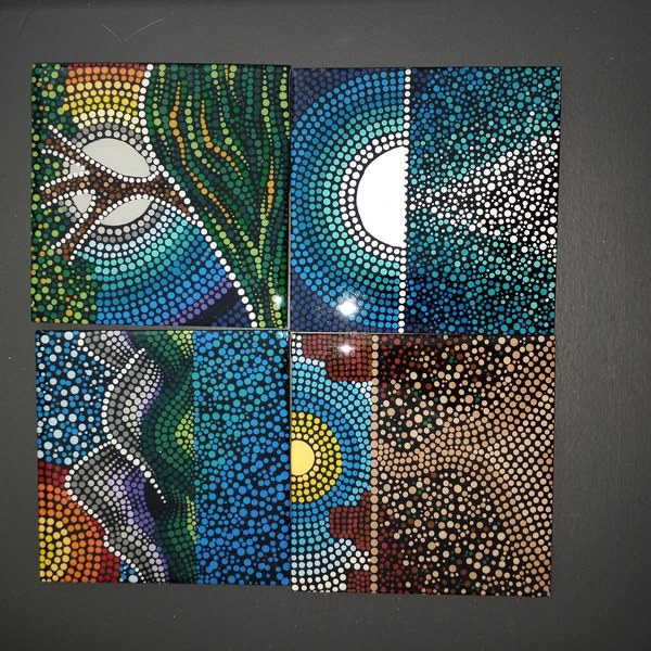 3 Mandala Dot Art Tan, Muted Blues, and Greens Handmade Rock Meditation ...