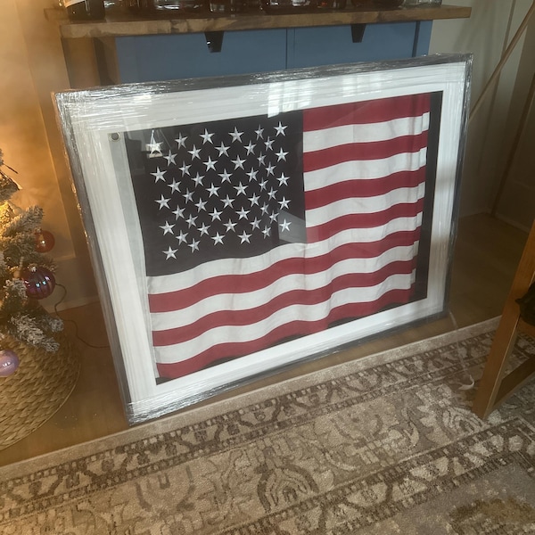 Framed Waving American Flag Displayed in 42x32 Real Cotton Embroidered ...