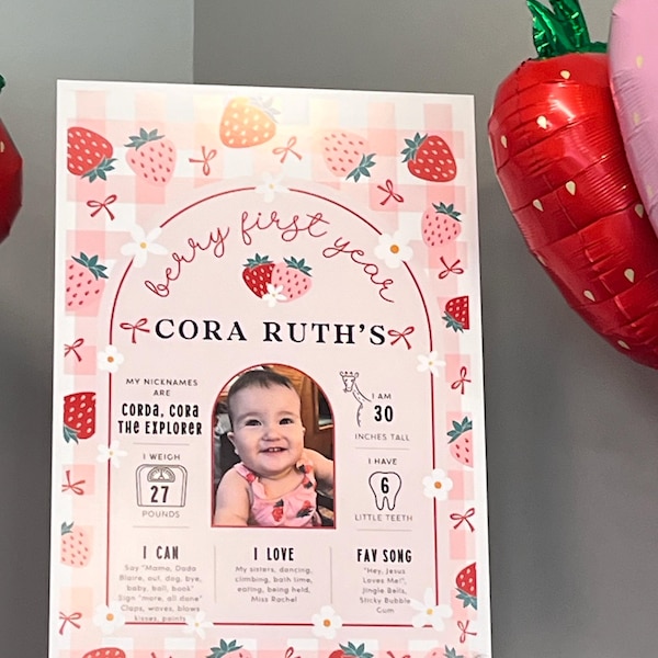 Berry First Birthday Milestone Poster: Editable Strawberry Party Sign ...