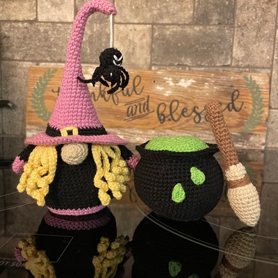 Halloween Crochet Gnome Patterns: Witch Gnome, Witch Broom and Cauldron ...
