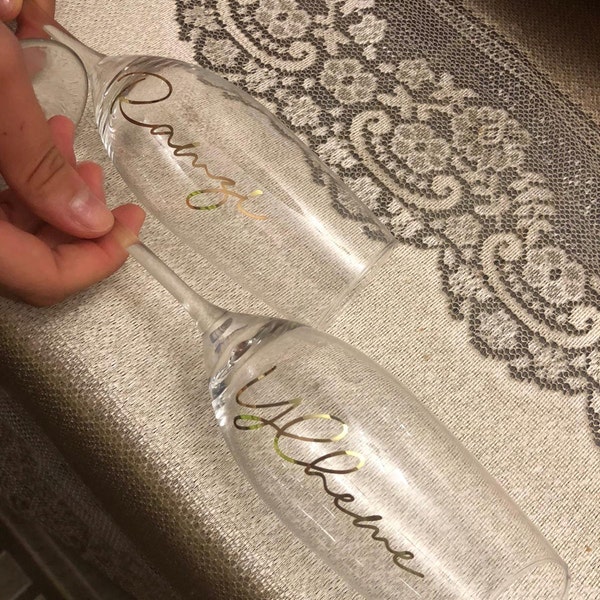 Personalised Champagne Flute Decals in Metallic Chrome Foil Vinyl for ...