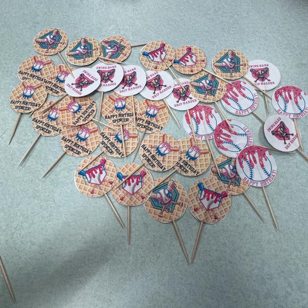 Ice Cream Drip Baseball Birthday Party Decorations, Cupcake Toppers ...