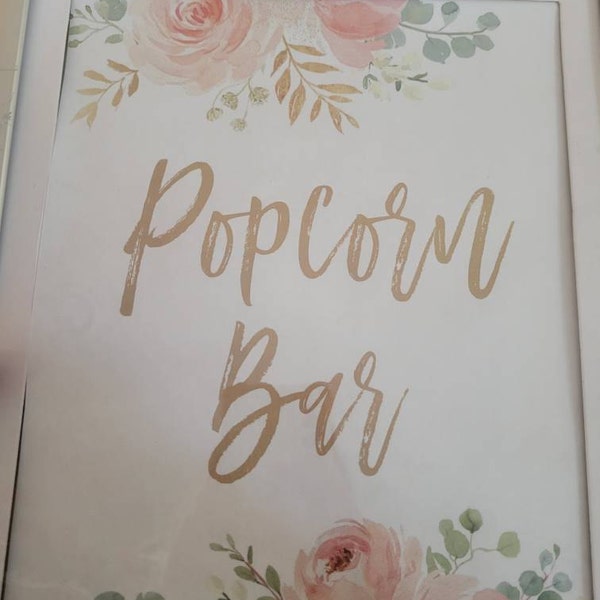 Blush Pink Floral Popcorn Bar Sign, Printable Popcorn Bar Sign, Bridal ...