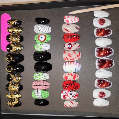 Bloody Chucky Halloween Press on Nails Glue on Nails Crystal Long ...