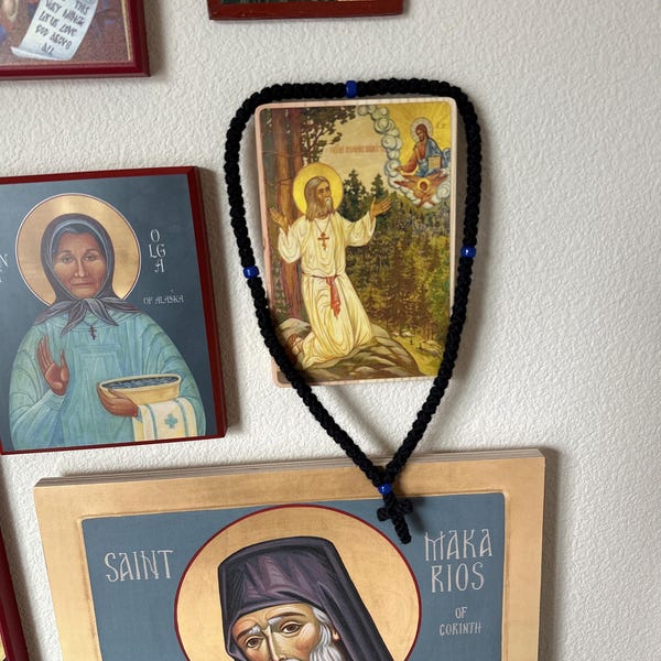 Handmade Mounted Icon | St Seraphim of Sarov Praying on A Rock for 1000 ...