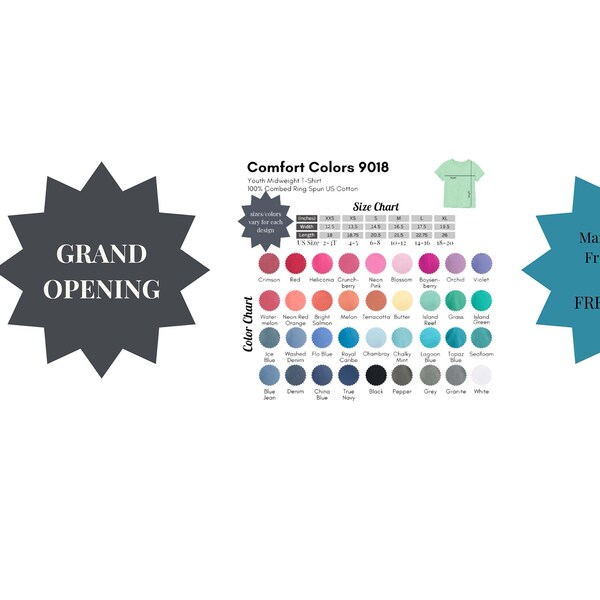 Comfort Colors 9018 Color Chart and Size Chart, CC9018 Youth T-shirt ...