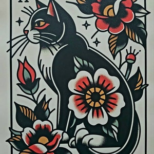 Black Cat Traditional Tattoo Print - Etsy