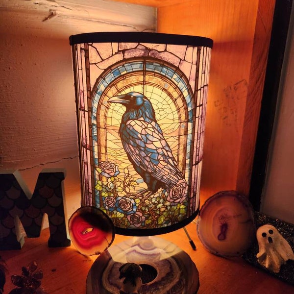 Raven Stained Glass Lamp - Raven Lamp, Stained Glass Purple Blue Lamp ...