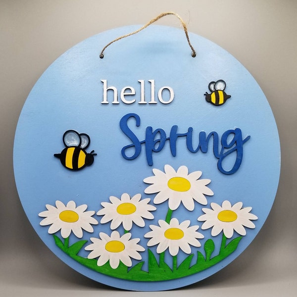 Hello Spring Daisy Bees Sign, DIGITAL Download, Round Door Hanger Svg ...