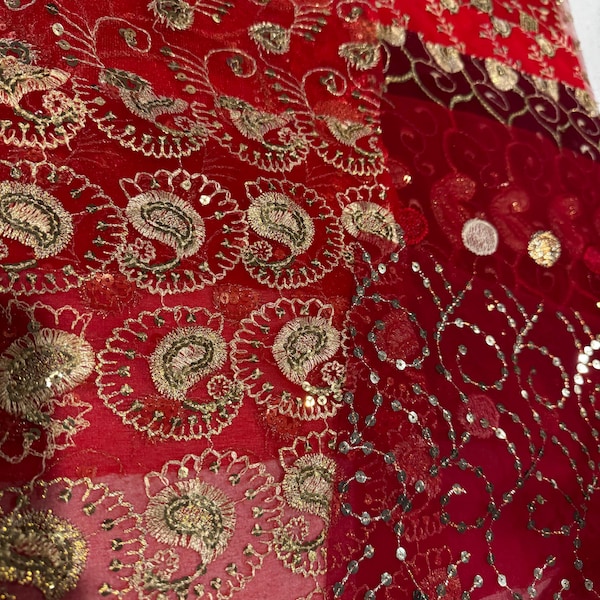 Red Sari Fabric Scraps: Vintage Beaded & Embroidered Silk Blends (10.5 ...