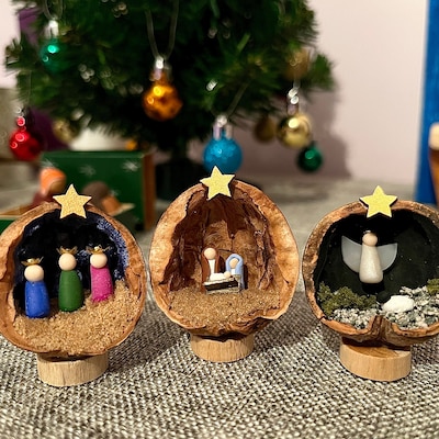 Nativity in A Nutshell, Set of Three Handmade Walnut Shell Decorations ...