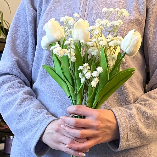 Real Touch Cream White Mini Tulips-12 Heads, Artificial Flowers, DIY ...