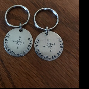Custom Coordinates Keychain With Compass Rose Hand Stamped Latitude ...
