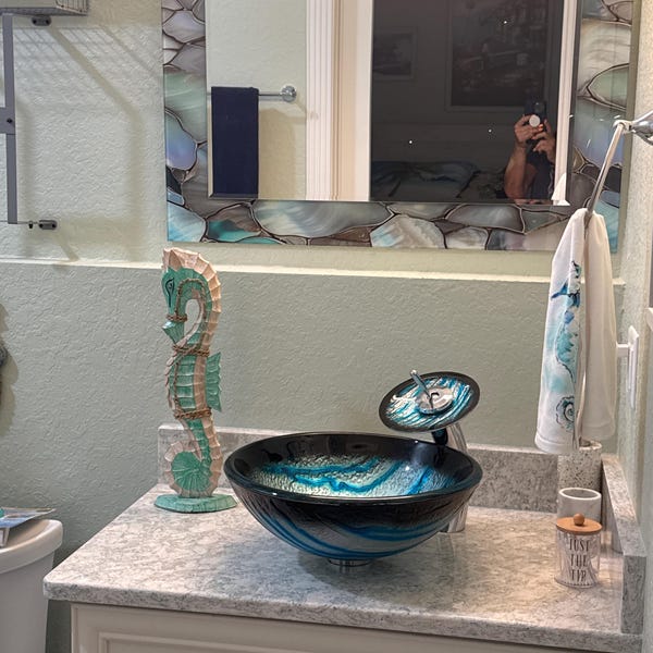 Blue Floral Glass Wall Art, Elegant Gold Flower Glass Panel, Large ...