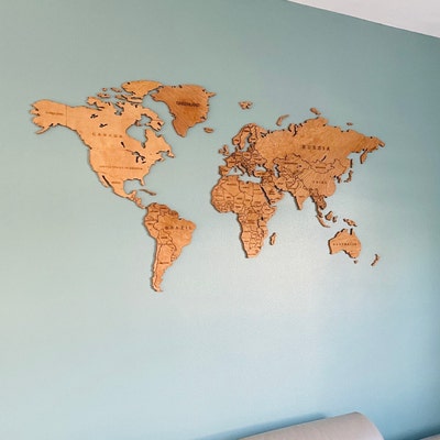 Wooden Wall Map With Cities and Rivers Wooden World Map With Print Wall ...