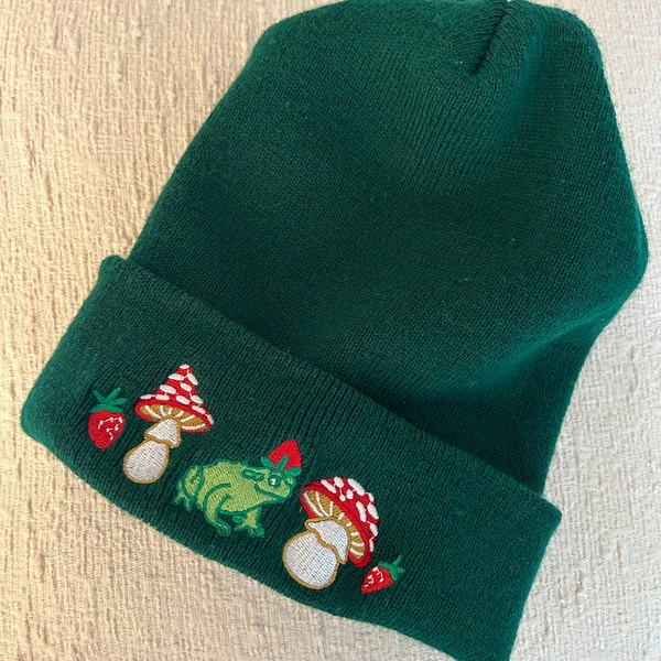 Embroidered Strawberry Frog Beanie | Embroidered Mushroom | Cottagecore ...