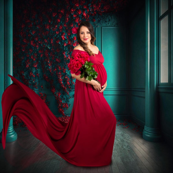 Floral Art Teal Digital Backdrops, Maternity Backdrop Overlays, Studio ...