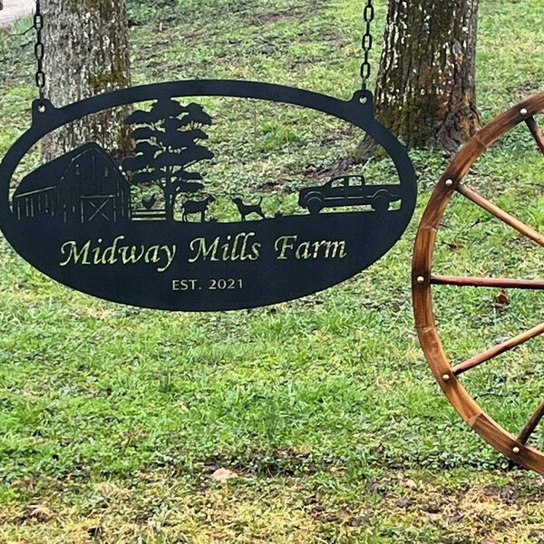 Metal FARM Sign With Fence and Chicken, Goat and Pickup - Etsy
