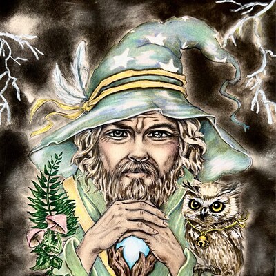 Wizard Coloring Page GRAYSCALE Male Magic Owl Woodland Male ...