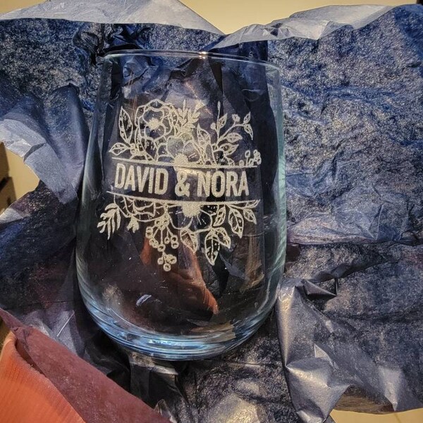 Personalized Stemless Wine Glass - Etched Toasting Glasses, Floral ...