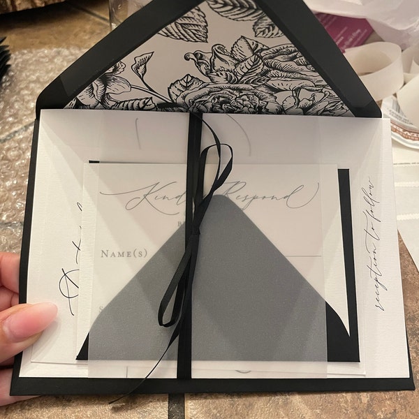 Black and White Wedding Invitation: Line Flower Liner, Vellum Band and ...