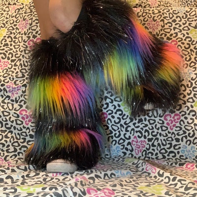 Sparkle Black and Rainbow Furry Leg Warmers, Rave Fluffies - Etsy