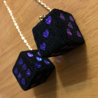 Black Fuzzy Dice With Purple Sparkle Hearts and Chain or Cord / Car ...