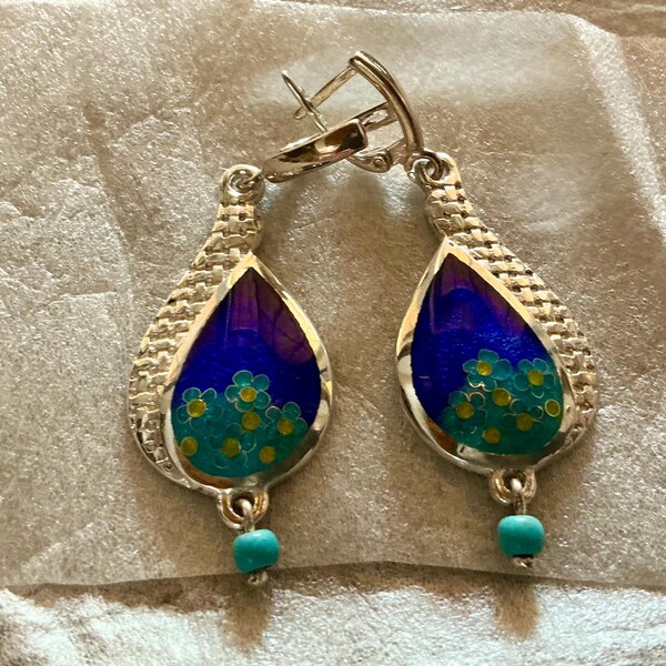 Georgian Cloisonne Enamel Ring Artisan Silver Jewelry Green and Yellow ...