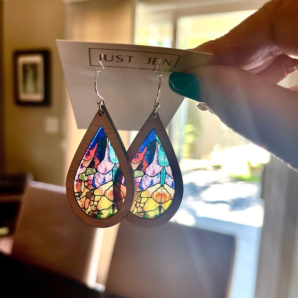 Mosaic Stained Glass Earrings // Teardrop // Wooden // Bright Colorful ...