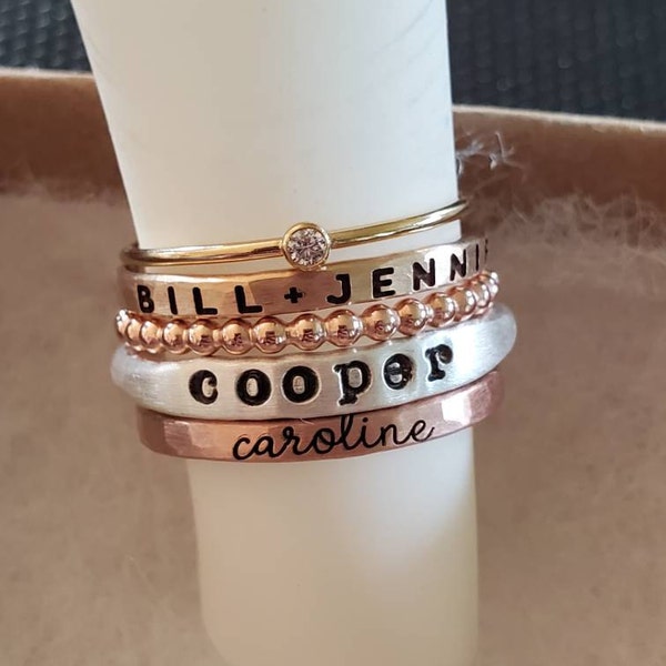 Handmade Stacking Name Rings | Stackable Name Rings With Texture | Mixed Metals Artisan ...