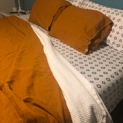 Amber Yellow Linen Bedspread Saffron King Queen Bed Cover Ochre Linen ...