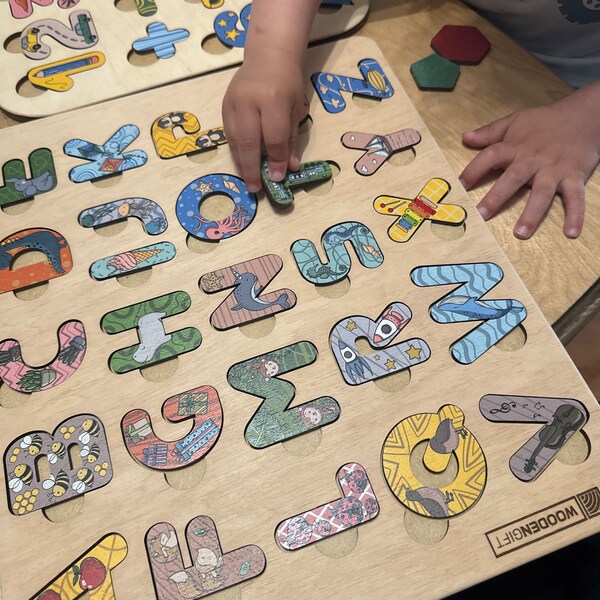 Alphabet Wooden Puzzle, ABC Montessori Puzzle Board, Learning Words ...