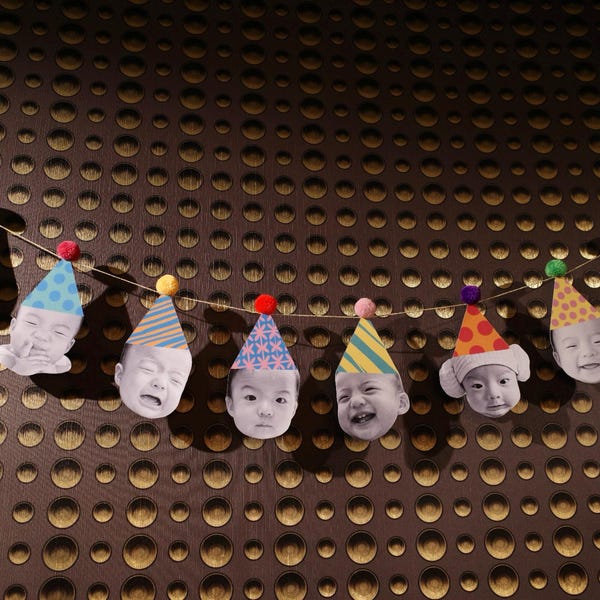 Personalised Face, Happy Head Garland/bunting With Pom Pom Party Hats ...
