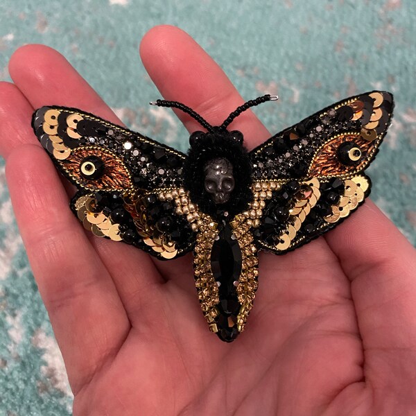 Moth Pin Brooch Handmade Beaded Blue Insect Jewelry Embroidery Seed ...