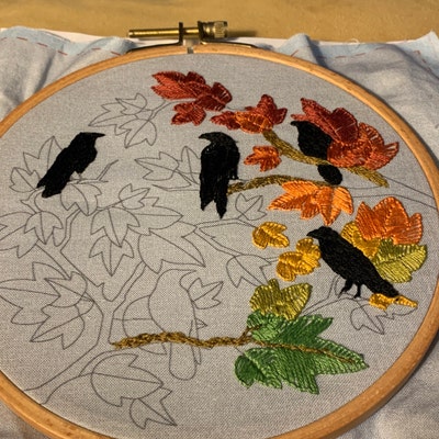 Autumn Birds Embroidery Hoop Kit, Crow Embroidery Pattern, Fall ...