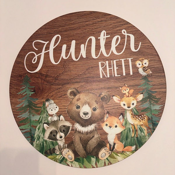 Woodland Animal Name Sign, Woodland Nursery Baby Sign, Round Wood Name ...