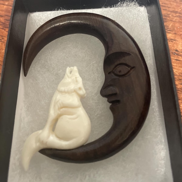 Howling Wolf Inside Crescent Moon, Buffalo Bone and Sono Wood Carving ...
