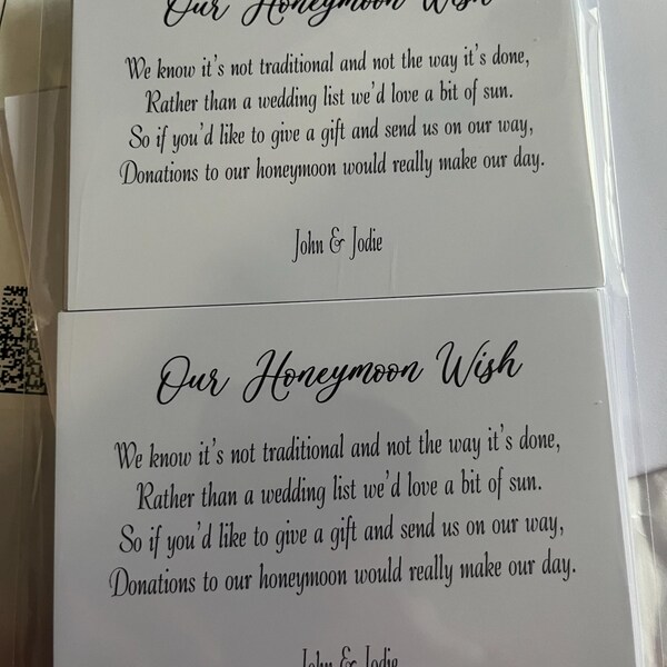 50 X Personalised Gift Poem Cards / Wedding Money Wish Poem / Honeymoon ...