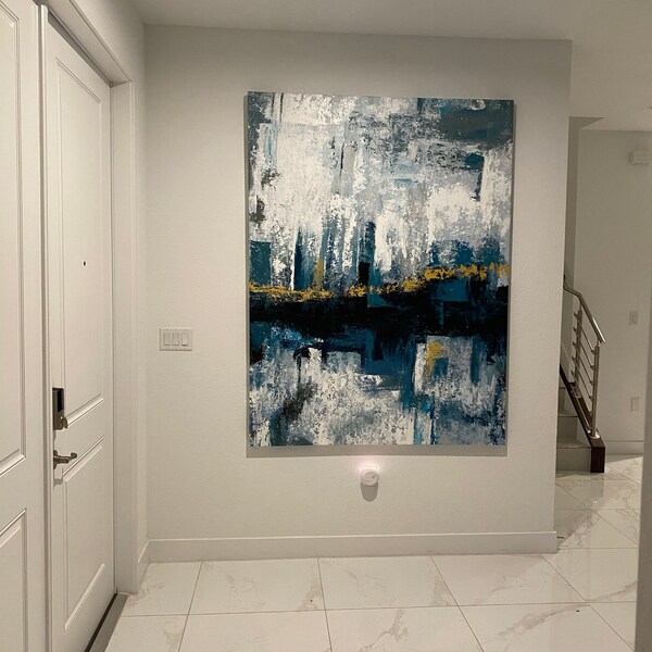 Deep Navy Blue Abstract Urban Landscape Canvas Painting - Original ...