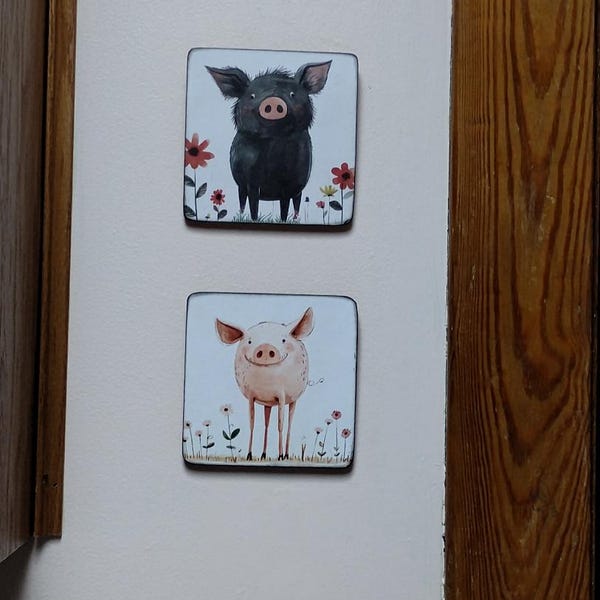 Whimsical Pig Art on Wooden Blocks for Rustic Farmhouse Accents Country ...