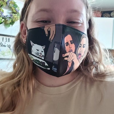 Meme Angry Woman Vs Cat Face Mask Crying Cat Meme, Meme Fabric Mask ...