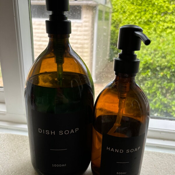 Amber Glass Soap Dispenser - Refillable Bottle With Metal Pump & Label ...