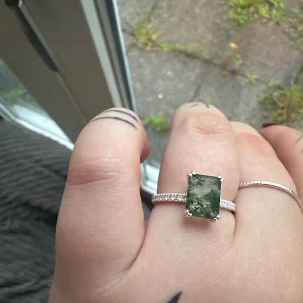 Natural Moss Agate Ring-emerald Cut Moss Agate Ring-gold-silver ...