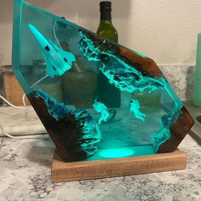 Personalised Spaceship Night Lamp, Couple Astronauts Rocket Resin Wood ...