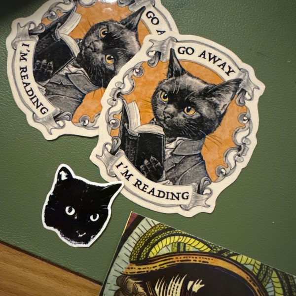 Reading Cat Sticker, Kindle Sticker, Book Cat Sticker, Black Cat ...